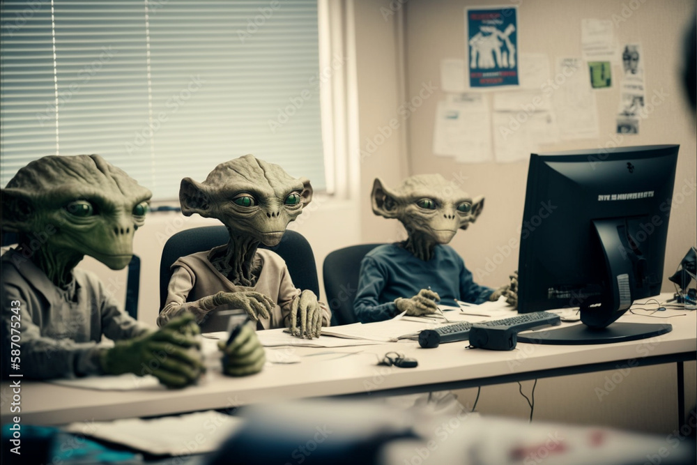 Confused alien monsters sitting at the desk in an open office. Alien ...