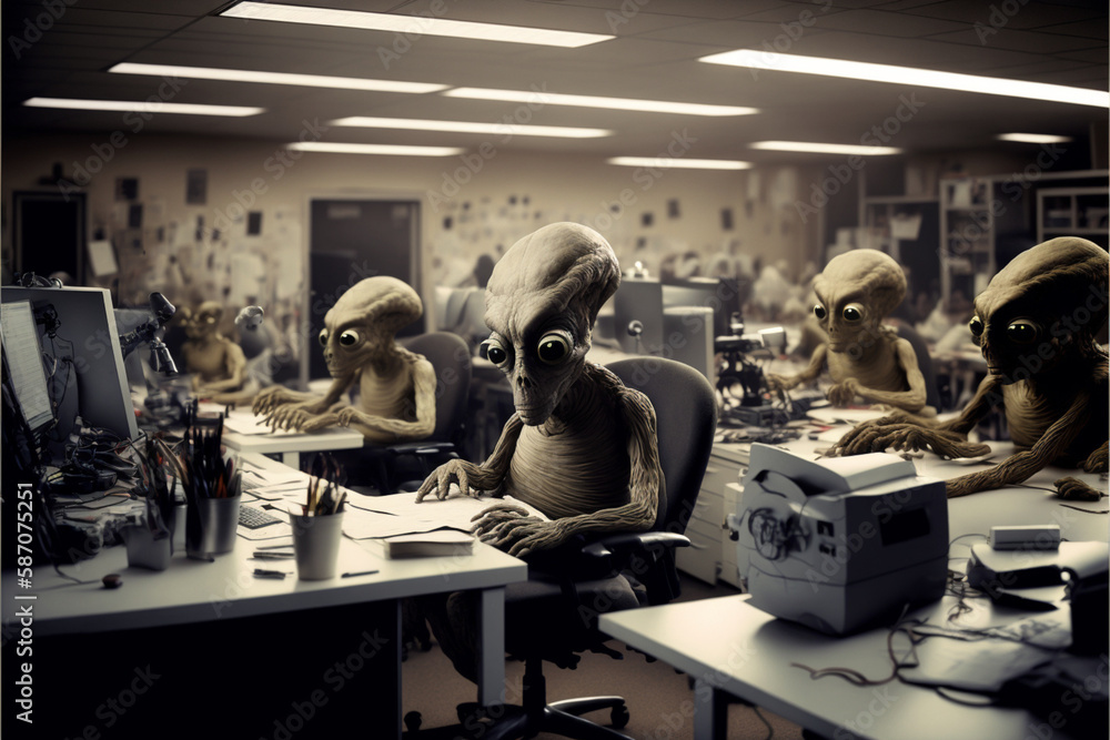 Confused alien monsters sitting at the desk in an open office. Alien ...