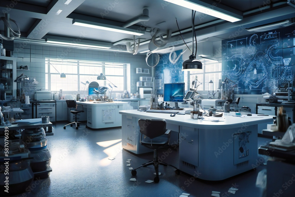 White and blue shades emphasize a clean, modern workspace, where ...