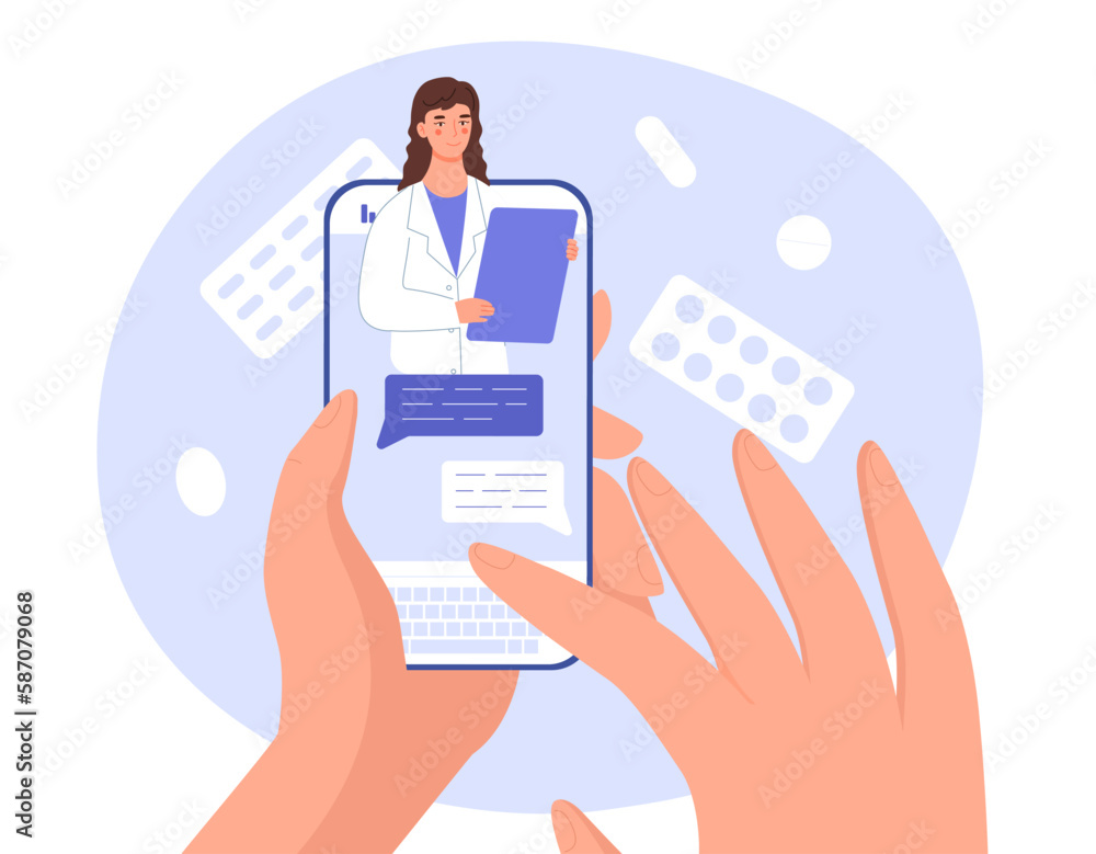 Patient talking to doctor at phone. Woman in medical gown on screen of ...