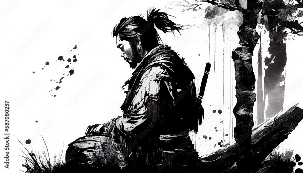 Samurai meditaiting ink painting - by generative ai Stock Illustration ...