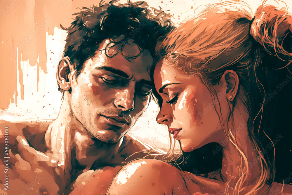 A young couple shares an intimate and passionate moment on a bed. Warm ...