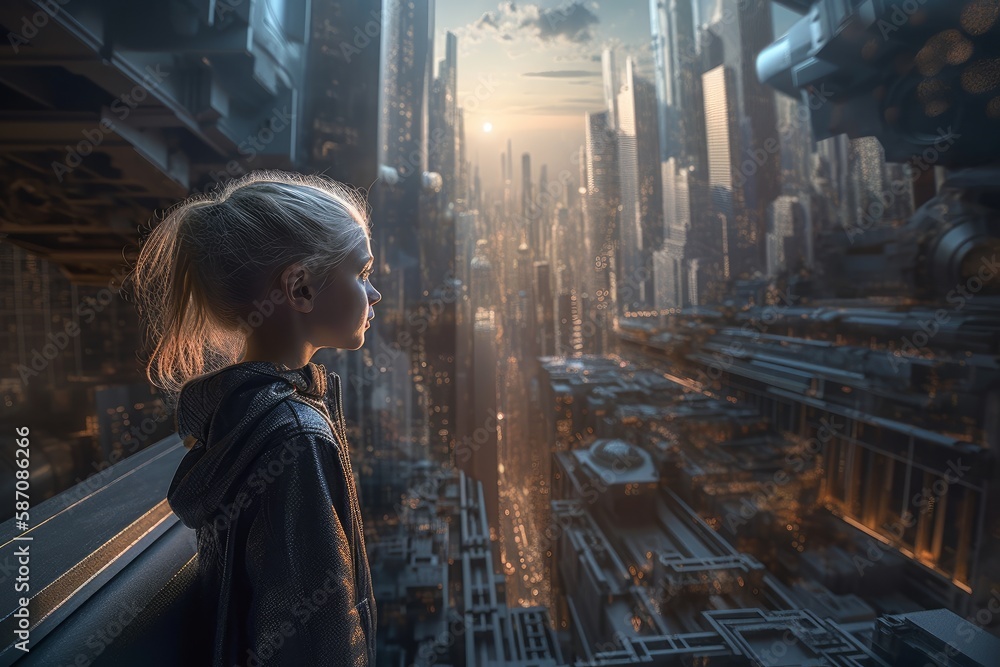 A Futuristic Scene: A Child's View of Ultra-Realistic City with Stock ...