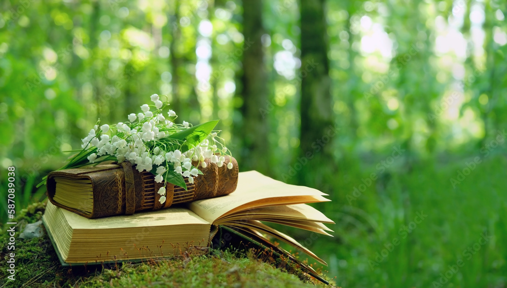 Lily of the valley flowers and old books in forest, green natural ...