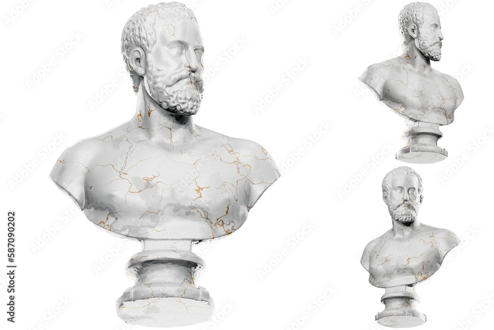 3D render of a historical bust statue with stone texture and gold ...