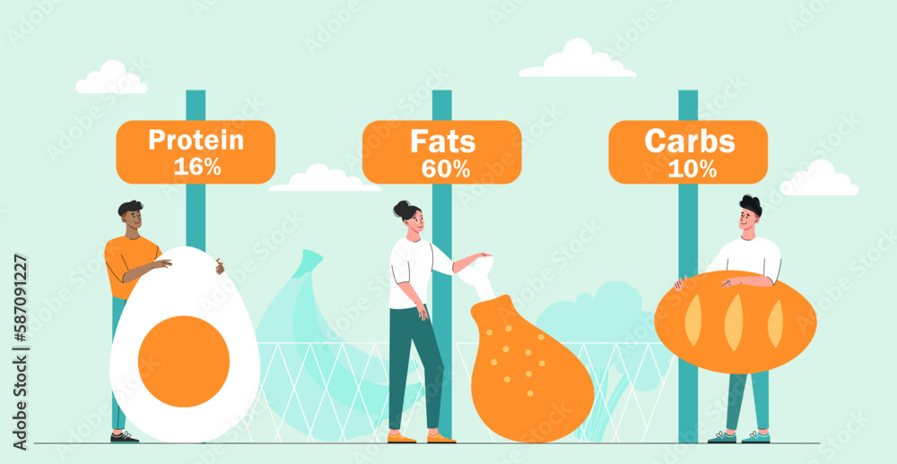 People choose food concept. Men and woman with products analyze their ...