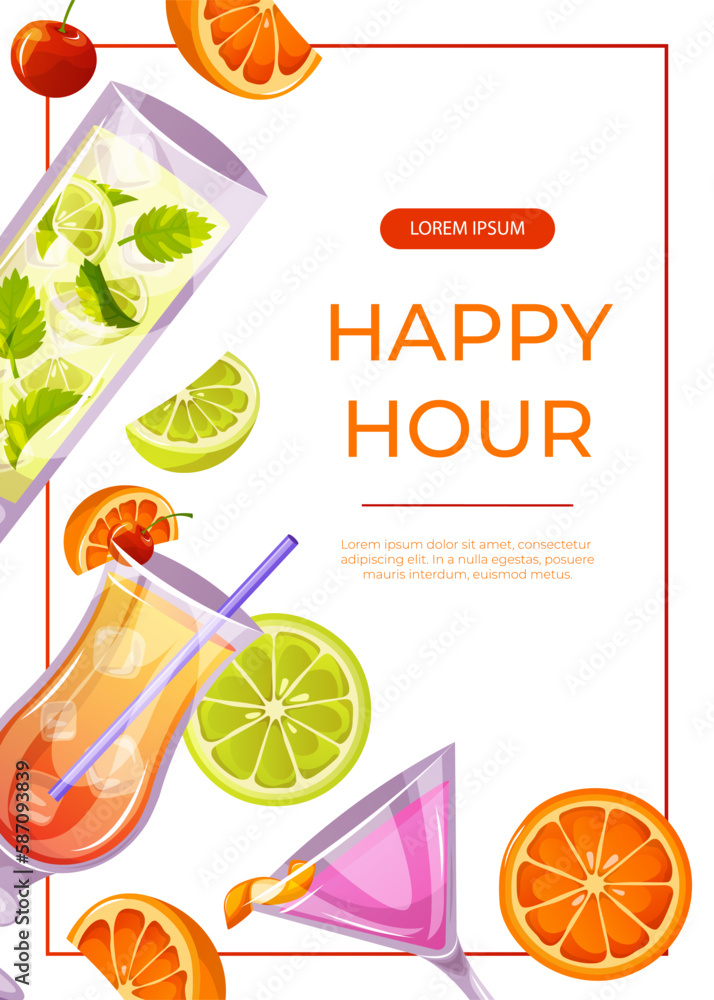 Promo flyer with classic cocktails cosmopolitan, mojito, sex on the ...