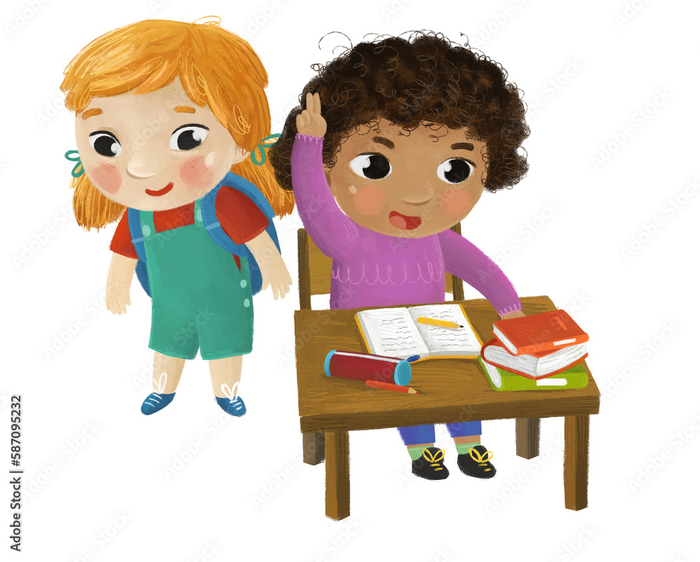 cartoon child kid girls pupil sitting in school desk learning reading ...