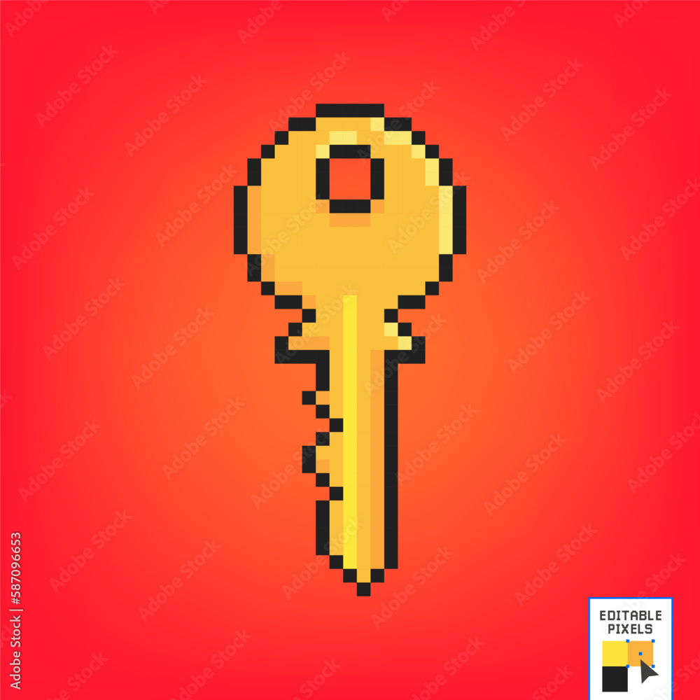 Golden vintage key pixel art icon isolated vector illustration on white ...