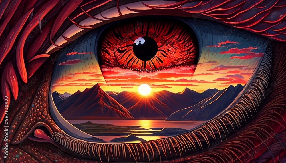 In the eye of a dragon, crimson brownish red iris, epic horizon in ...