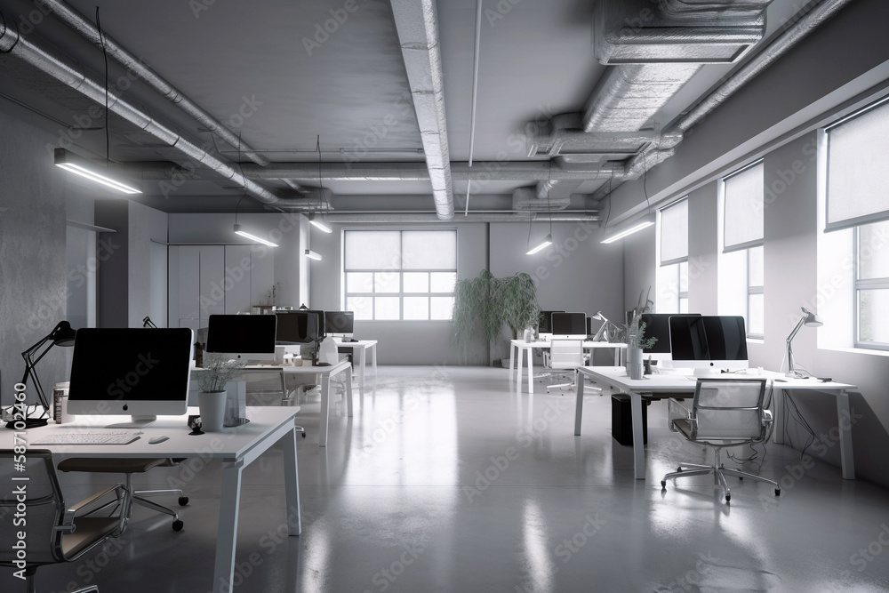 Modern open plan office with concrete floors, computer tables, and ...