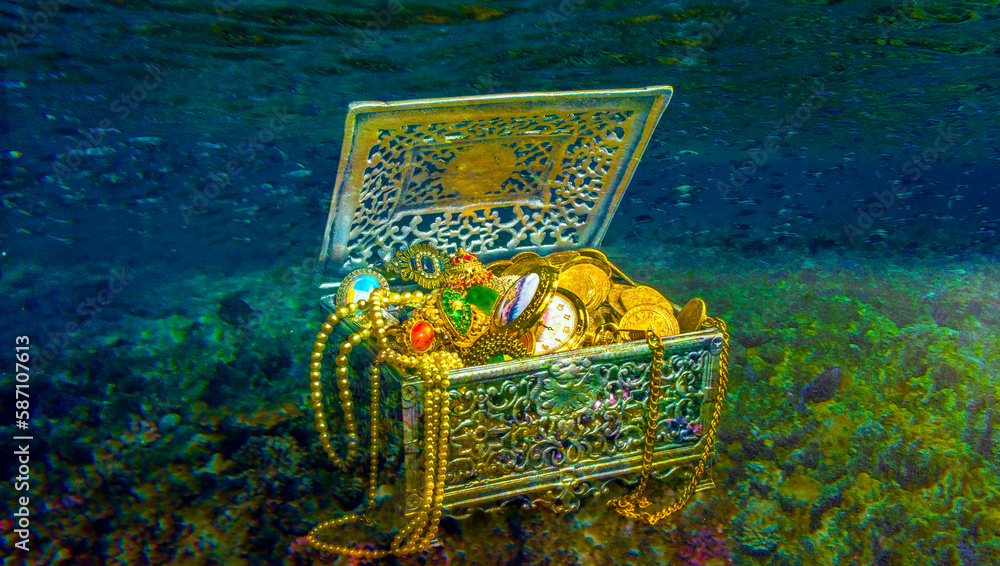treasures jewels in a casket chest at the bottom of the sea underwater ...