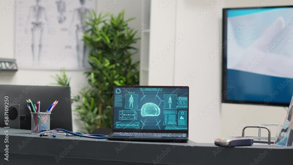 Vidéo Stock Laptop showing tomography scan at desk, empty hospital ...