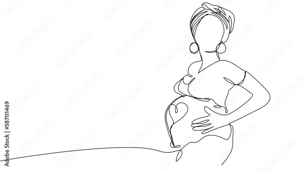 Self-drawing a pregnant woman in a headscarf holds her belly in one ...