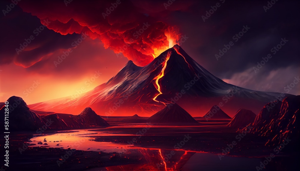 Volcanic eruption illustration. Hot molten lava landscape. Stock ...