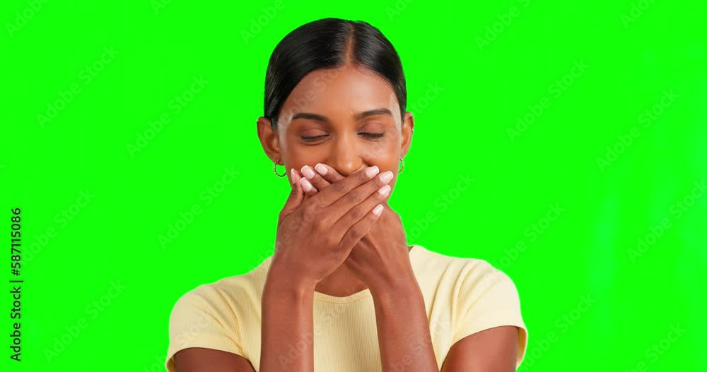 Omg, surprise face and woman hands over mouth with green screen mock up ...