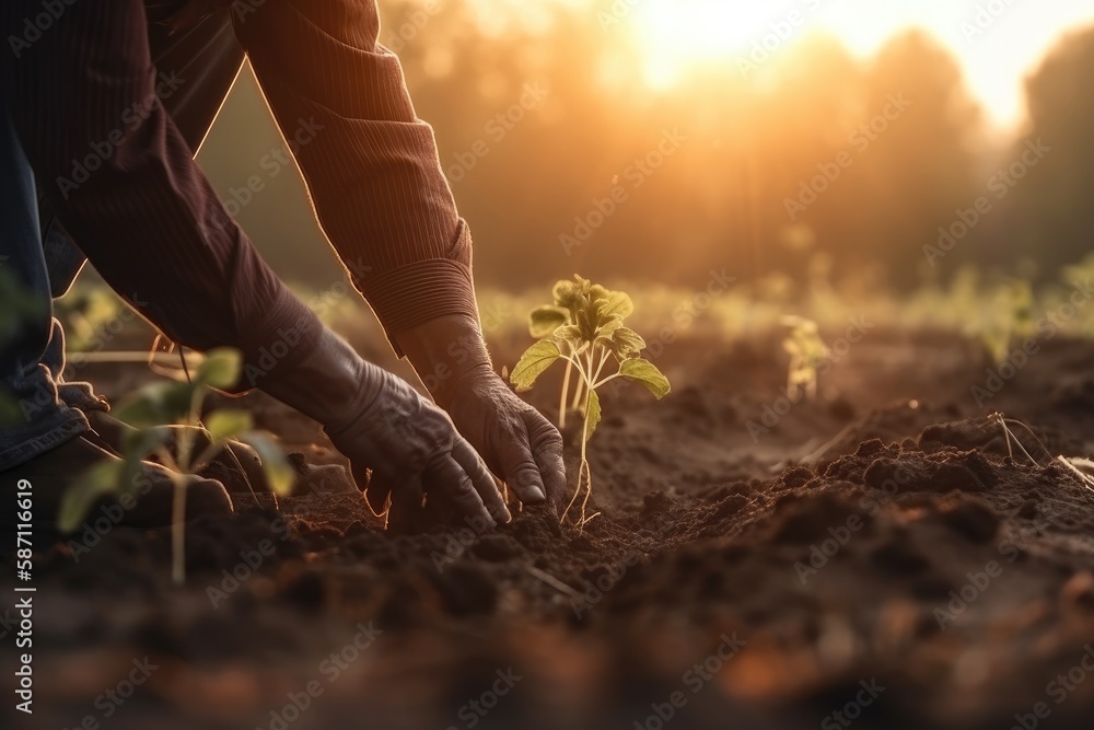Male hands touching soil on the field during sunset. Farmer is checking ...