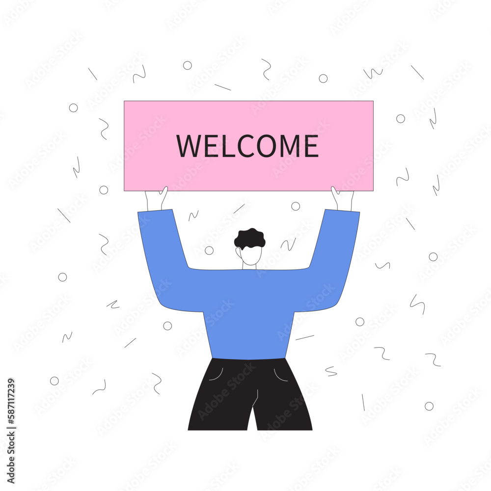 Flat vector illustration of a character holding a "welcome" sign. Flat ...