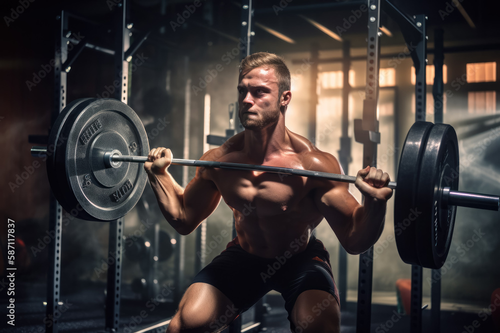 Power Lift, Male Bodybuilder Straining Muscles in Bench Press ...