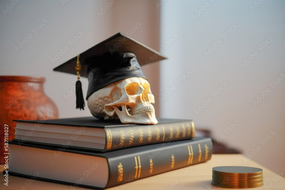 The skull of a man in a traditional Graduate cap lies on academic books ...