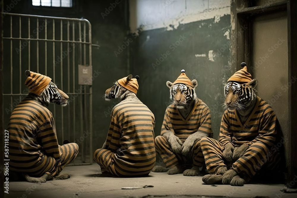 Tigers dressed as prisoners sit in prison, created with Generative AI ...