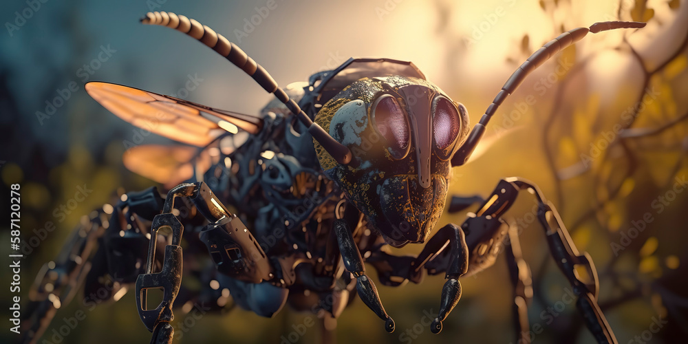 amazing macro photography of a cyborg bee in the nature, futuristic ...