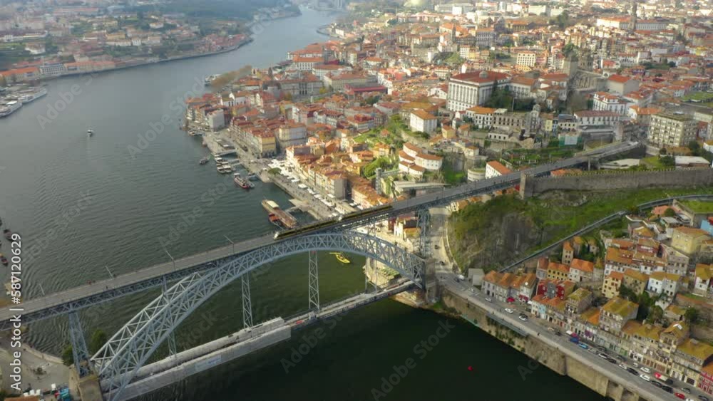 Portugal Porto aerial video city centre. Aerial view of old town and ...