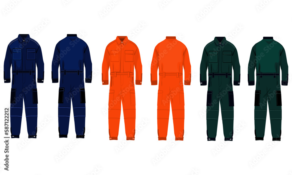set of three colors overalls for workers, working uniform, front and ...