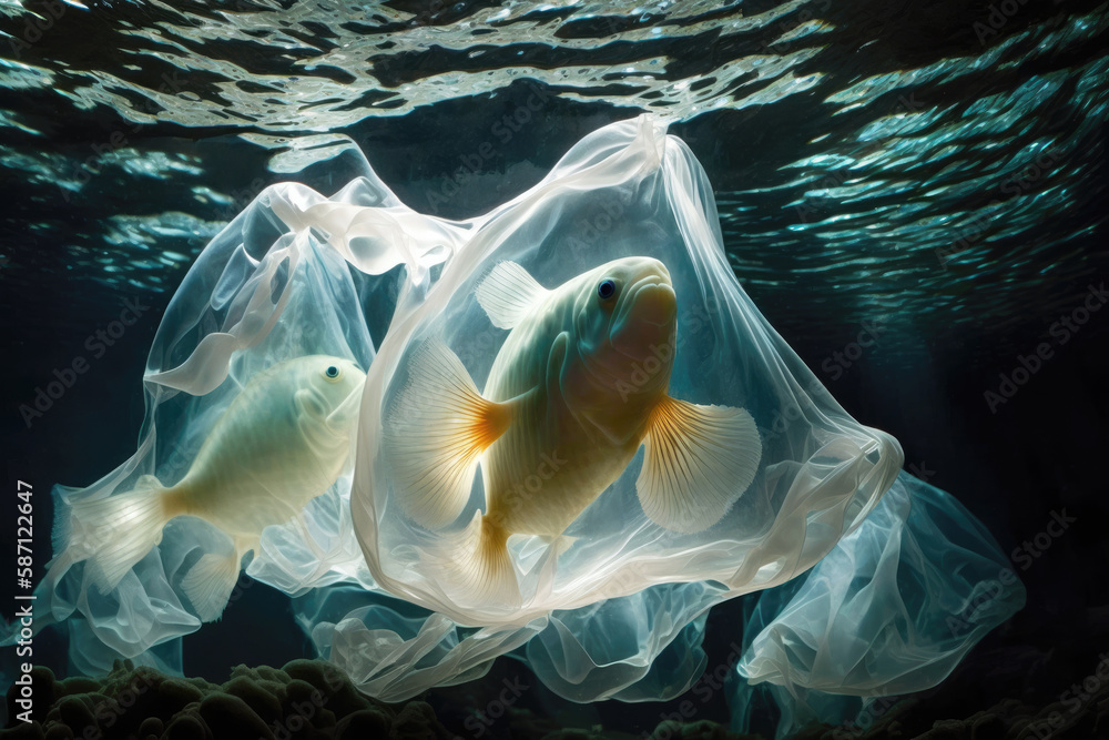 Fishes in plastic bag. Massive plastic pollution underwater concept ...