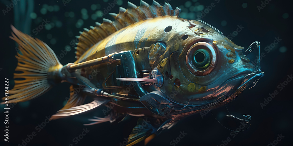 amazing photography of a cyborg fish in the ocean, sea, futuristic ...
