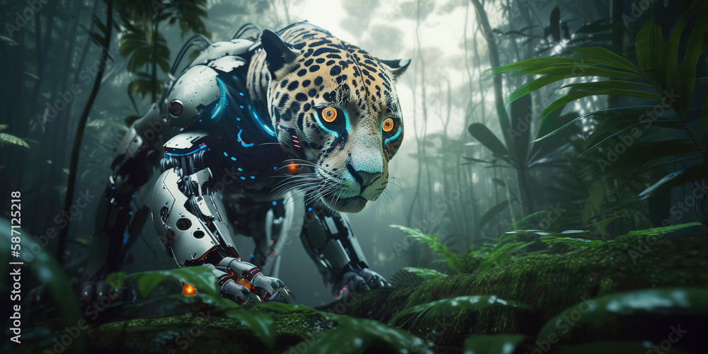 amazing photography of a cyborg jaguar in the jungle, jungle ...