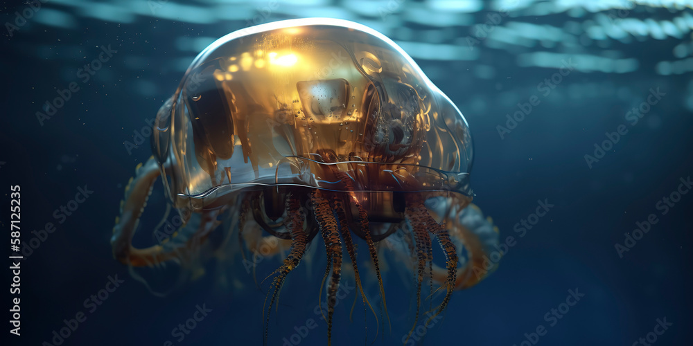 amazing photography of a cyborg jellyfish in the ocean, sea, futuristic ...