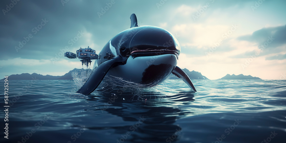 amazing photography of a cyborg killer whale in the ocean, sea ...