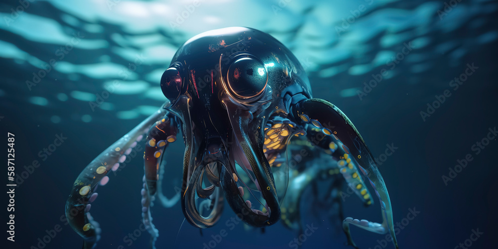 amazing photography of a cyborg squid in the ocean, sea, futuristic ...