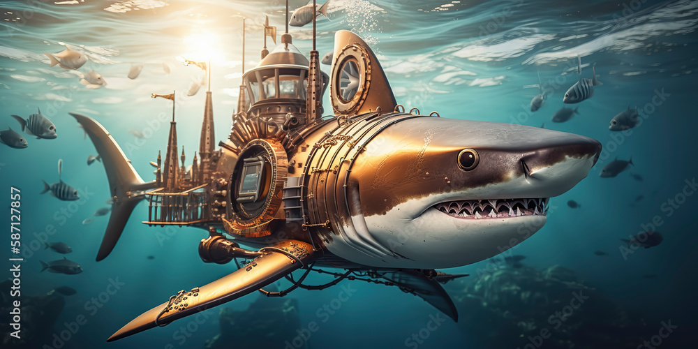 photography of a Steampunk white shark in the ocean, sea, futuristic ...