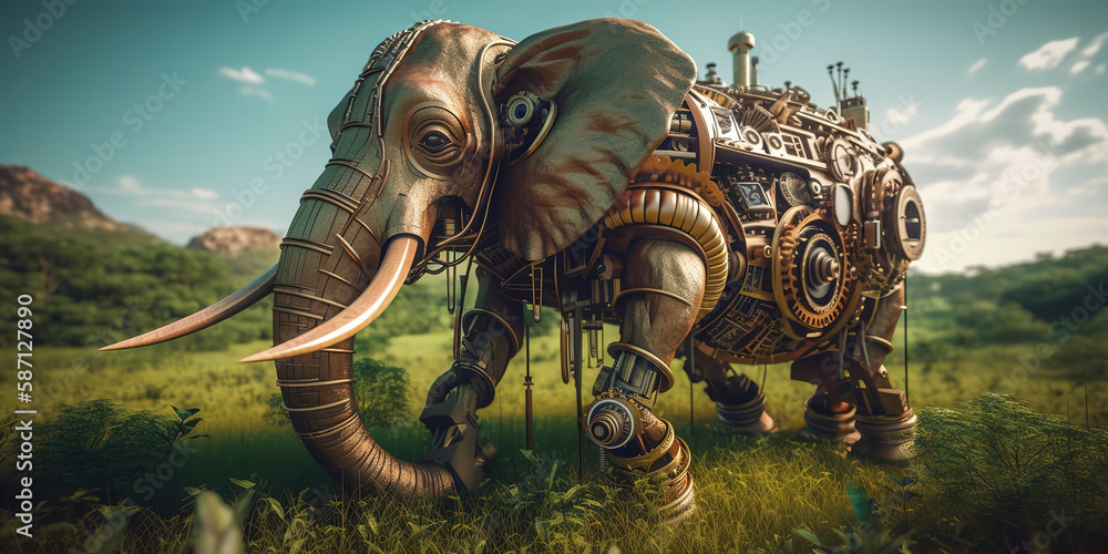 Steampunk clockwork Elephant in nature, nature background, futuristic ...
