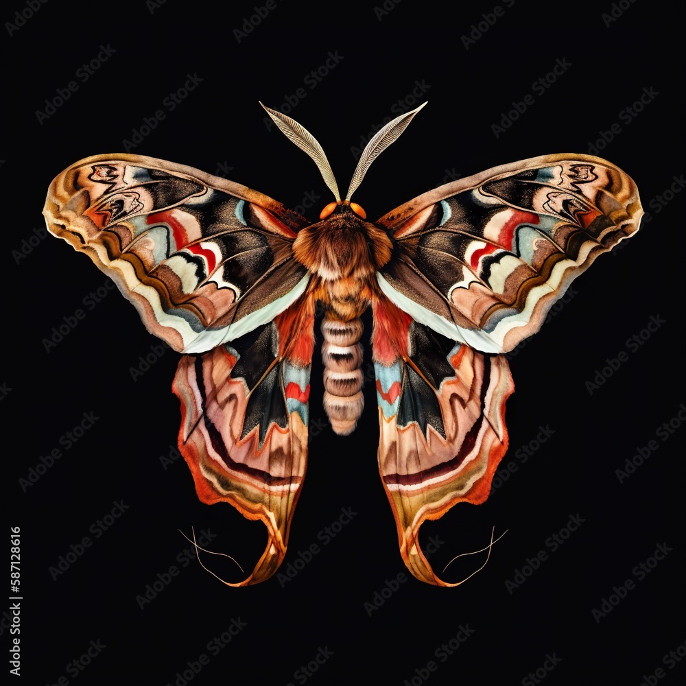 Moth symmetrical, orange and red color, isolated on black background ...