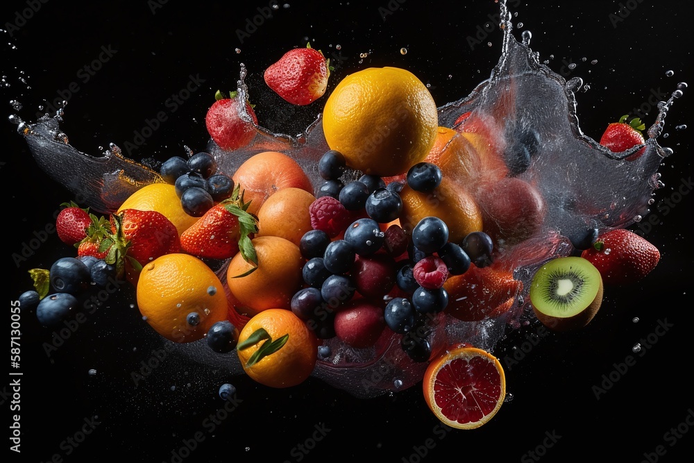 Explosion of fruits with white and water splash on black blackground ...