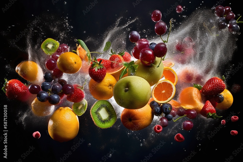 Explosion of fruits with white and water splash on black blackground ...