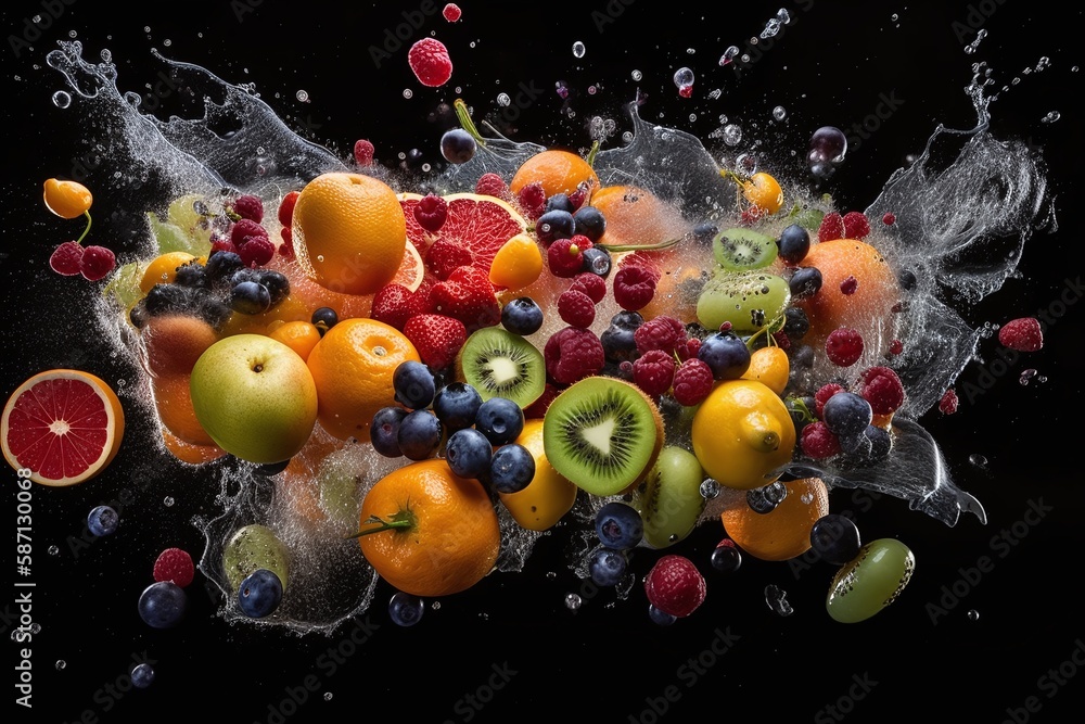 Explosion of fruits with white and water splash on black blackground ...