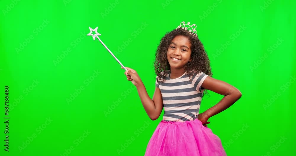 Face, green screen and girl with wand, princess and pointing to space ...