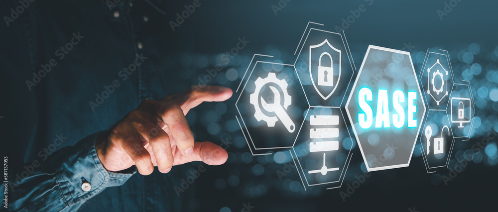 SASE, Secure Access Service Edge concept, Person hand touching Secure ...