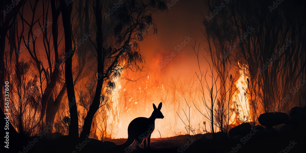 Australian wildfire with kangaroo silhouette created with generative AI ...