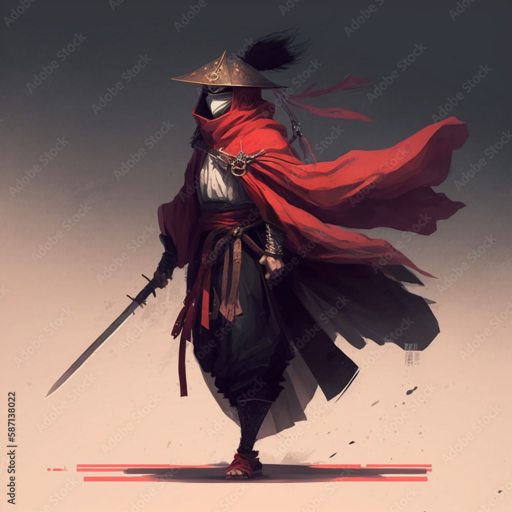 a ronin wearing a red cape and a katana, and using a big rice hat ...