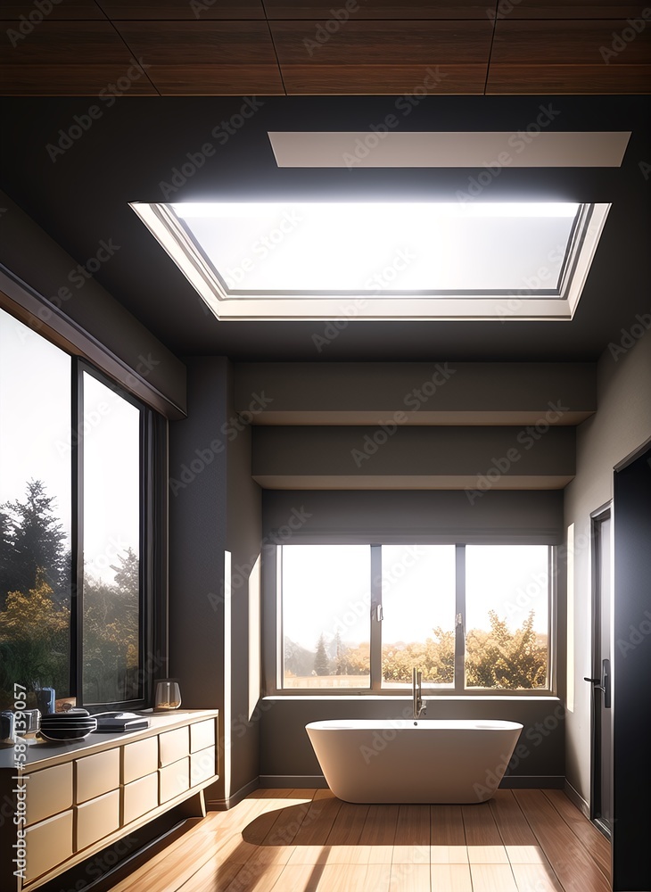 a modern bathroom in a house with large open windows and a skylight in ...
