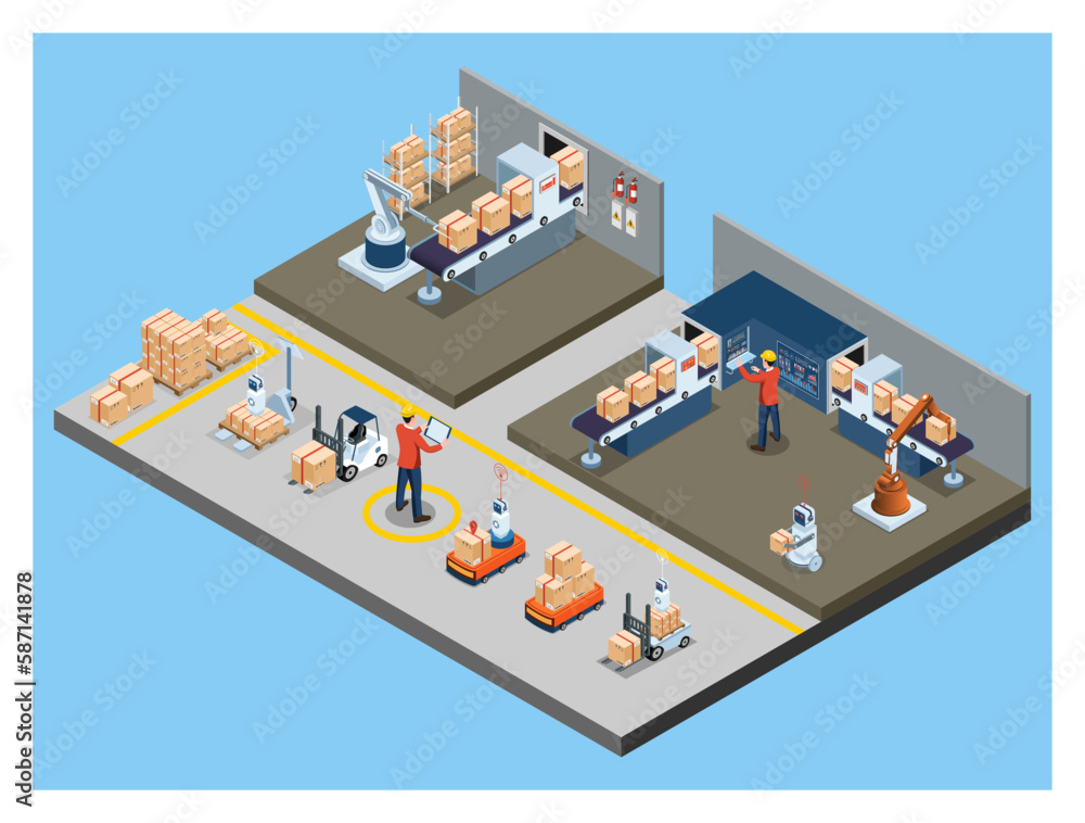 3D isometric automated warehouse robots and Smart warehouse technology Concept with Warehouse ...
