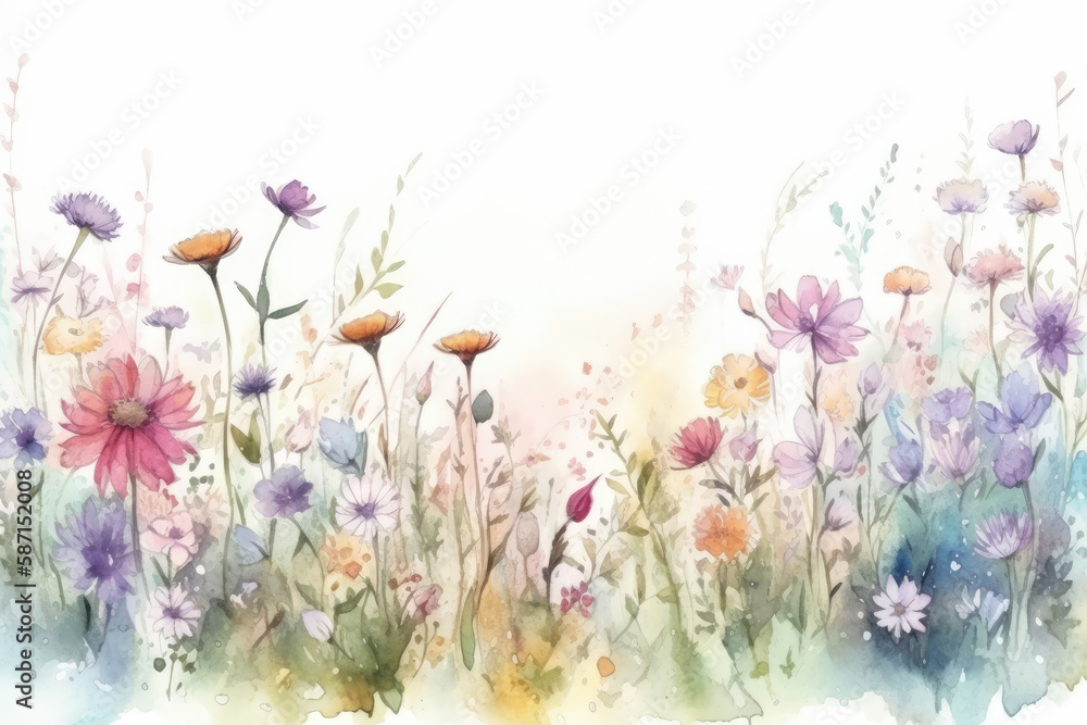 Meadow in summer. Horizontal border of adorable watercolor flowers on a ...
