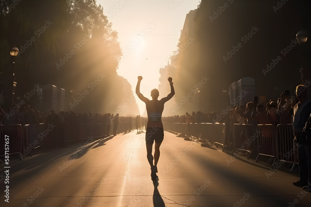 Back view, professional marathon runner rejoices in the victory ...