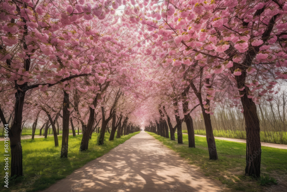 Sakura Cherry blossoming alley. Wonderful scenic park with rows of ...