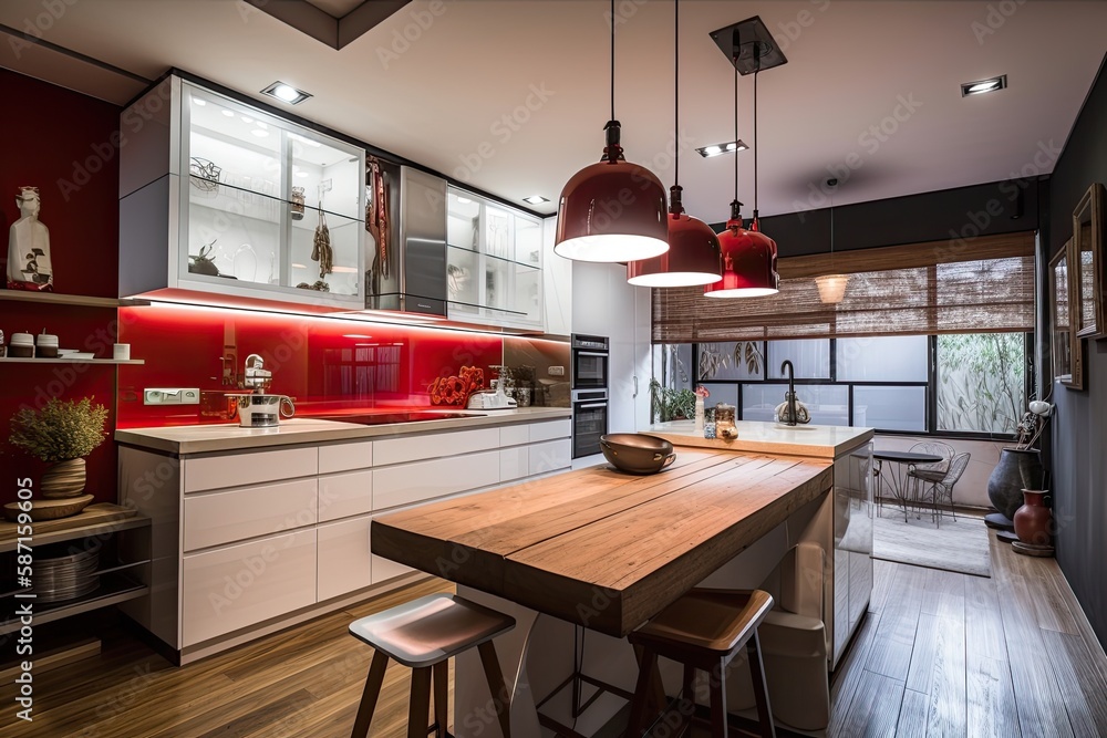 Cordoba, Argentina, kitchen with white furniture and red artifacts for ...